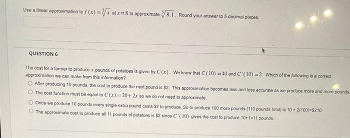 Solved Use a linear approximation to f(x)=3x at x=8 to | Chegg.com