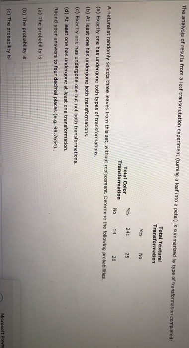 Solved The analysis of results from a leaf transmutation | Chegg.com