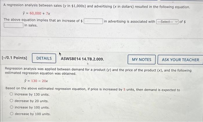 Solved A regression analysis between sales (y in $1,000 s) | Chegg.com