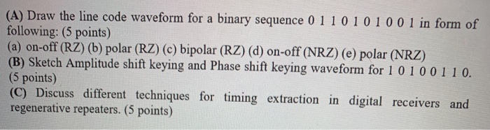 Solved A Draw The Line Code Waveform For A Binary Sequence