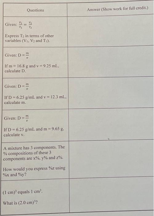 Solved \begin{tabular}{|c|c|} \hline Questions & Answer | Chegg.com