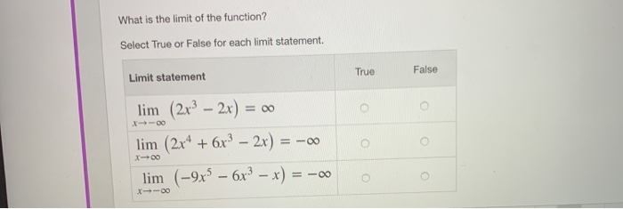 Solved What is the limit of the function? Select True or | Chegg.com