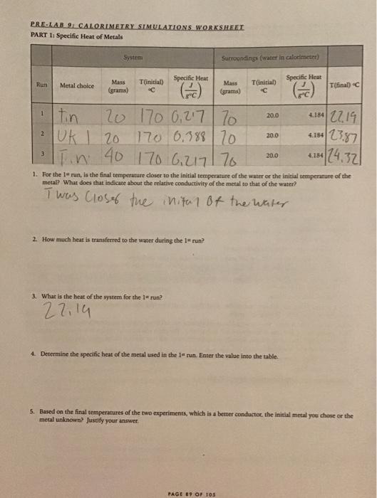 Solved PRE-LAB 9: CALORLMETRY SIMULATIONS WORKSHEFT PART 1: | Chegg.com