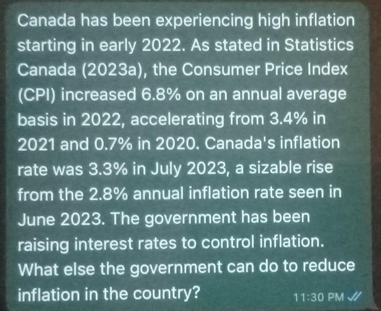 Solved Canada has been experiencing high inflation starting | Chegg.com