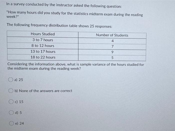 Solved In a survey conducted by the instructor asked the | Chegg.com