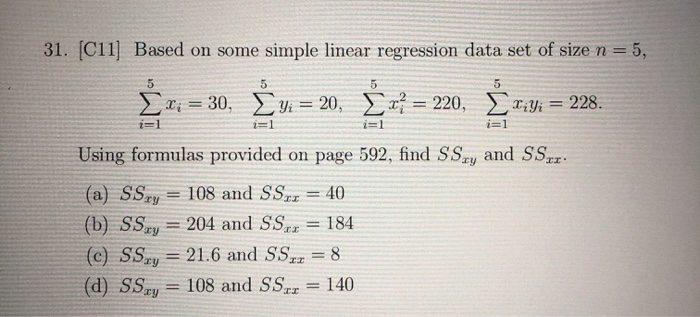 Solved 31. (C11] Based on some simple linear regression data | Chegg.com