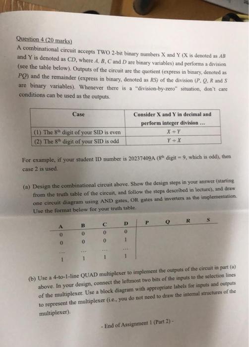 Solved Question 4 (20 marks) A combinational circuit accepts | Chegg.com