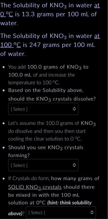 Solved The Solubility of KNO3 in water at 0∘C is 13.3 grams | Chegg.com