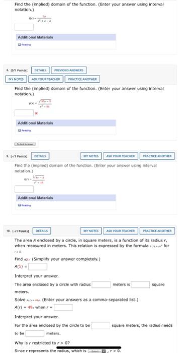 Solved Find the implied) domain of the function (Enter your | Chegg.com