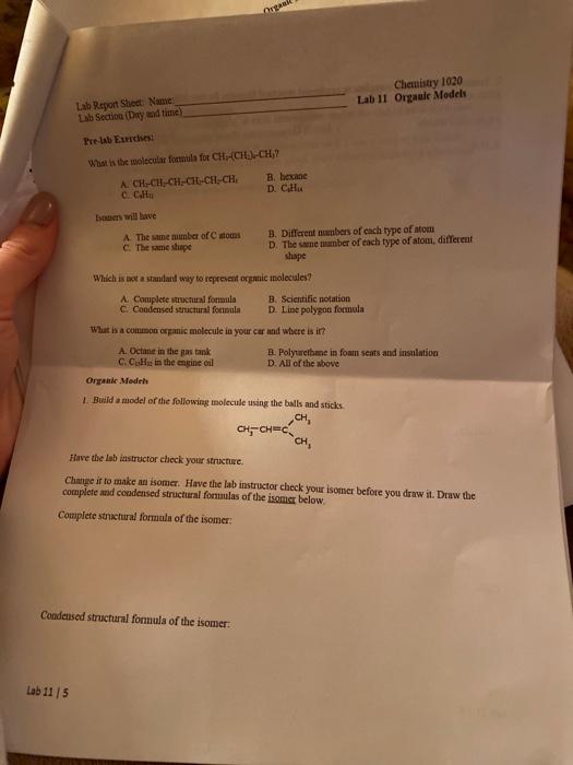 Chemistry 1020 Lab 11 Organic Models Lab Report Sheet | Chegg.com