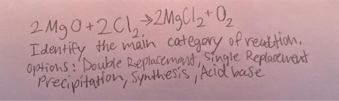 Solved 2MgO+2Cl2→2MgCl2+O2 Identify the main category of | Chegg.com