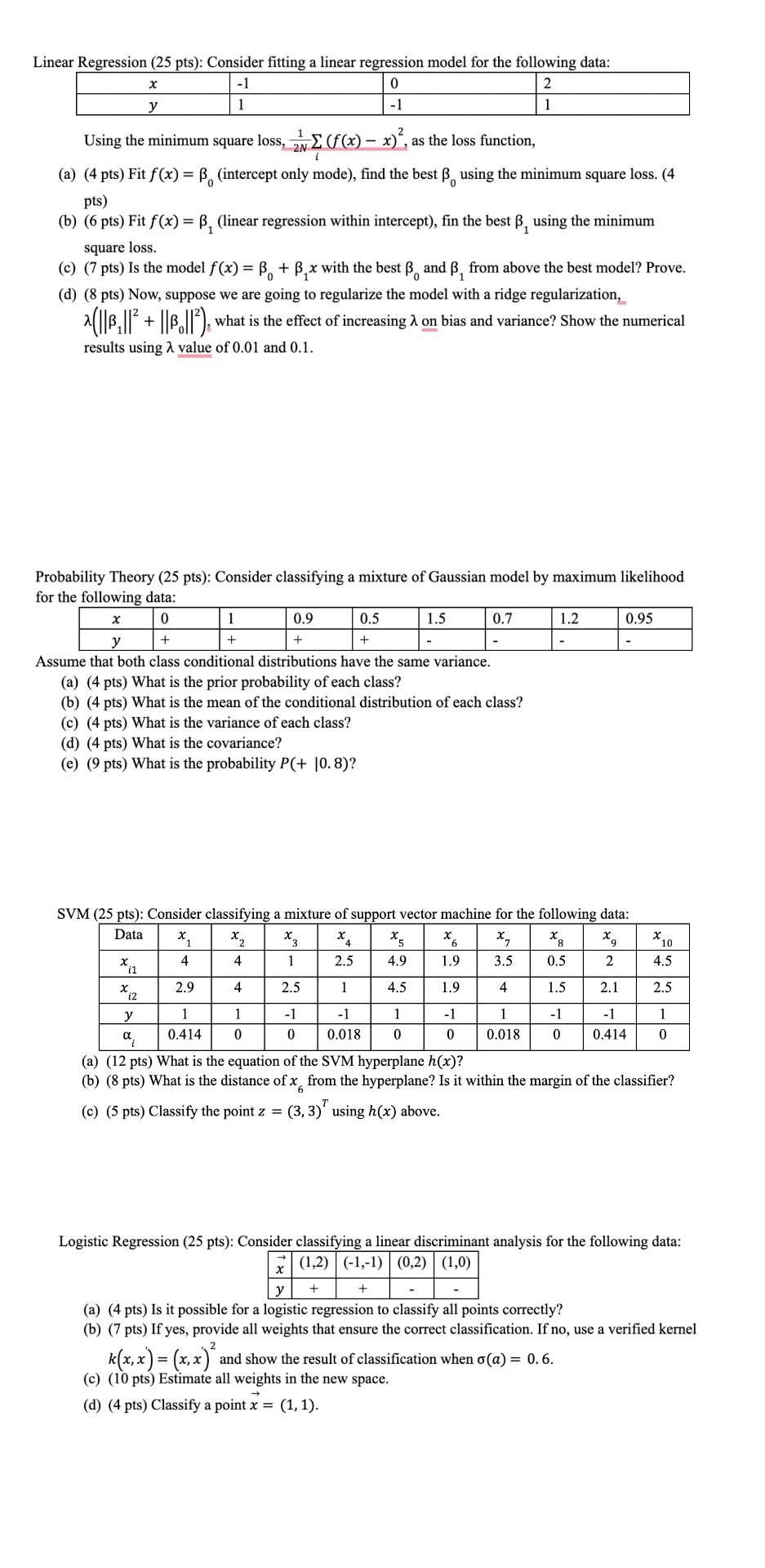 Linear Regression (25 pts): Consider fitting a linear | Chegg.com