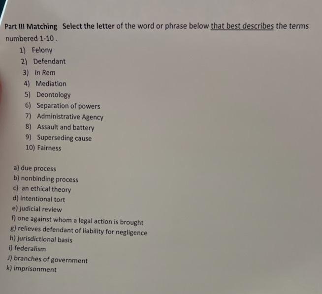 Solved Part III Matching Select the letter of the word or | Chegg.com