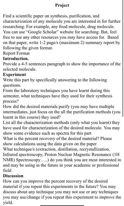 Solved Project Find a scientific paper on synthesis, | Chegg.com