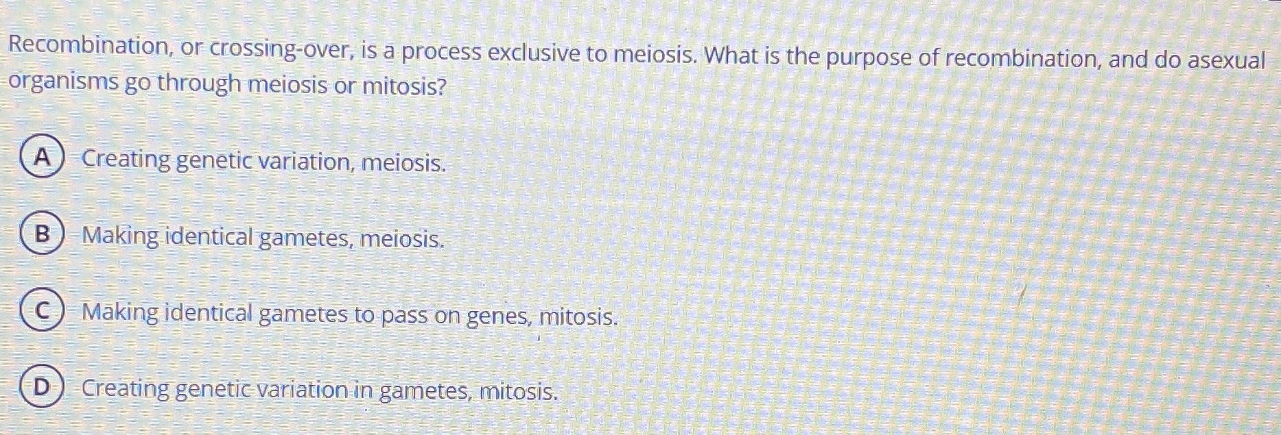 Solved Recombination, or crossing-over, is a process | Chegg.com