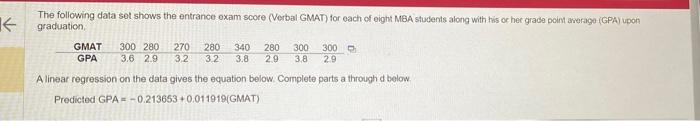 Solved The following data set shows the entrance oxam score | Chegg.com