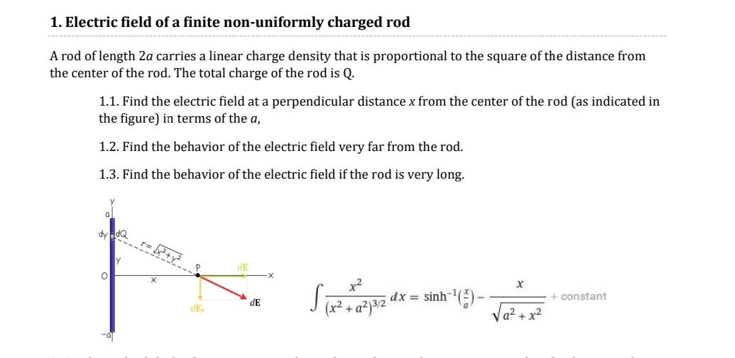 Solved 1. Electric field of a finite non-uniformly charged | Chegg.com