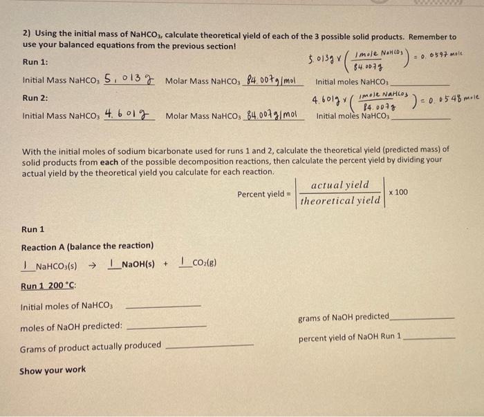 Solved using the initial mass of NaHCo3, calculate | Chegg.com