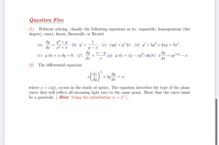 Solved Question Five (1) Without solving, classify the | Chegg.com