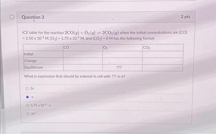Solved ICE table for the reaction 2CO(g)+O2(g)⇌2CO2(g) when | Chegg.com