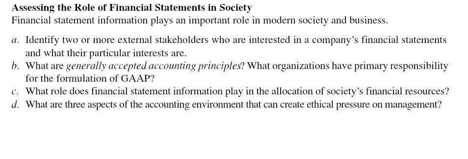 Solved Assessing the Role of Financial Statements in Society | Chegg.com