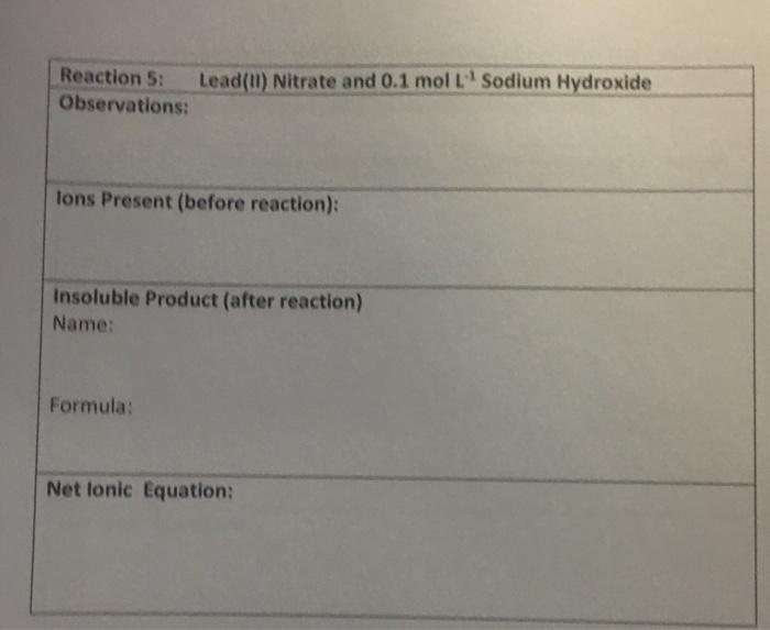 Solved Reaction 5: Observations: Lead(II) Nitrate and 0.1 | Chegg.com