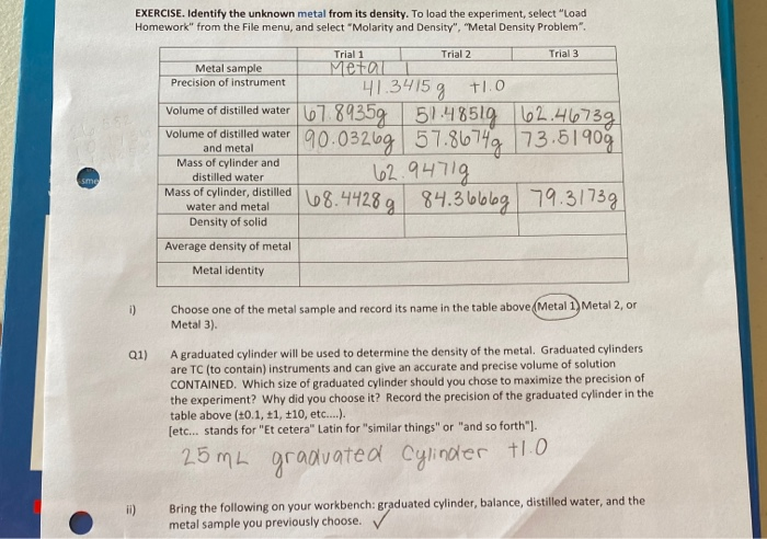 EXERCISE. Identify the unknown metal from its | Chegg.com