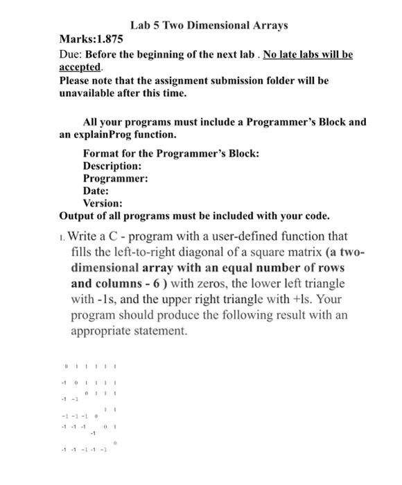 Solved Marks:1.875 Lab 5 Two Dimensional Arrays Due: Before | Chegg.com