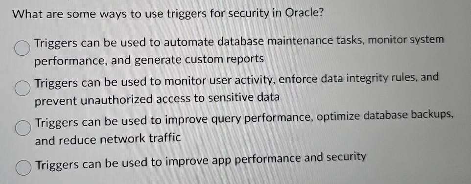 Solved What are some ways to use triggers for security in | Chegg.com