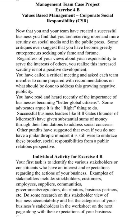 Solved Management Team Case Project Exercise 4A Setting | Chegg.com