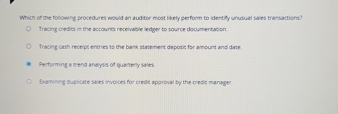 Solved by an EXPERT Which of the following procedures would an auditor | Chegg.com