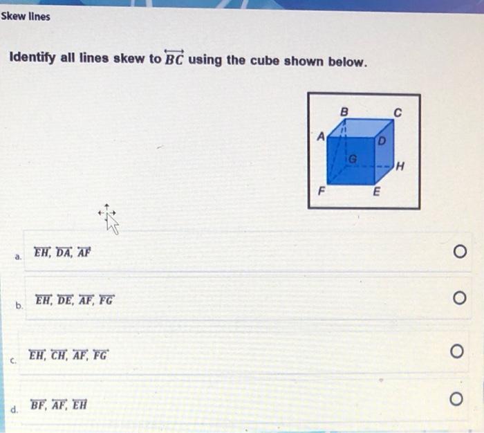 Solved Skew lines Identify all lines skew to BC using the | Chegg.com