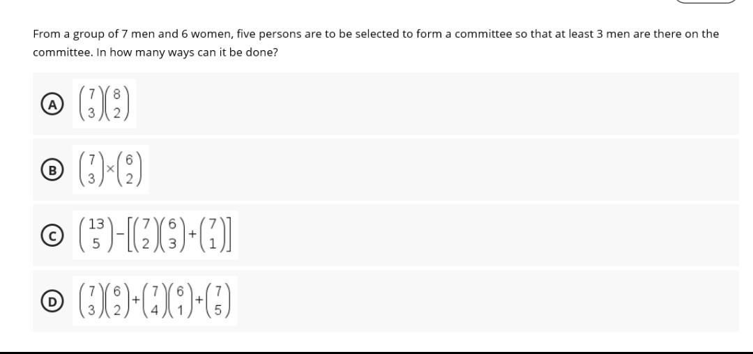 Solved From a group of 7 men and 6 women, five persons are | Chegg.com