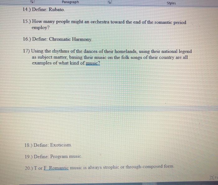 Solved Styles Paragraph 14.) Define: Rubato. 15.) How many | Chegg.com