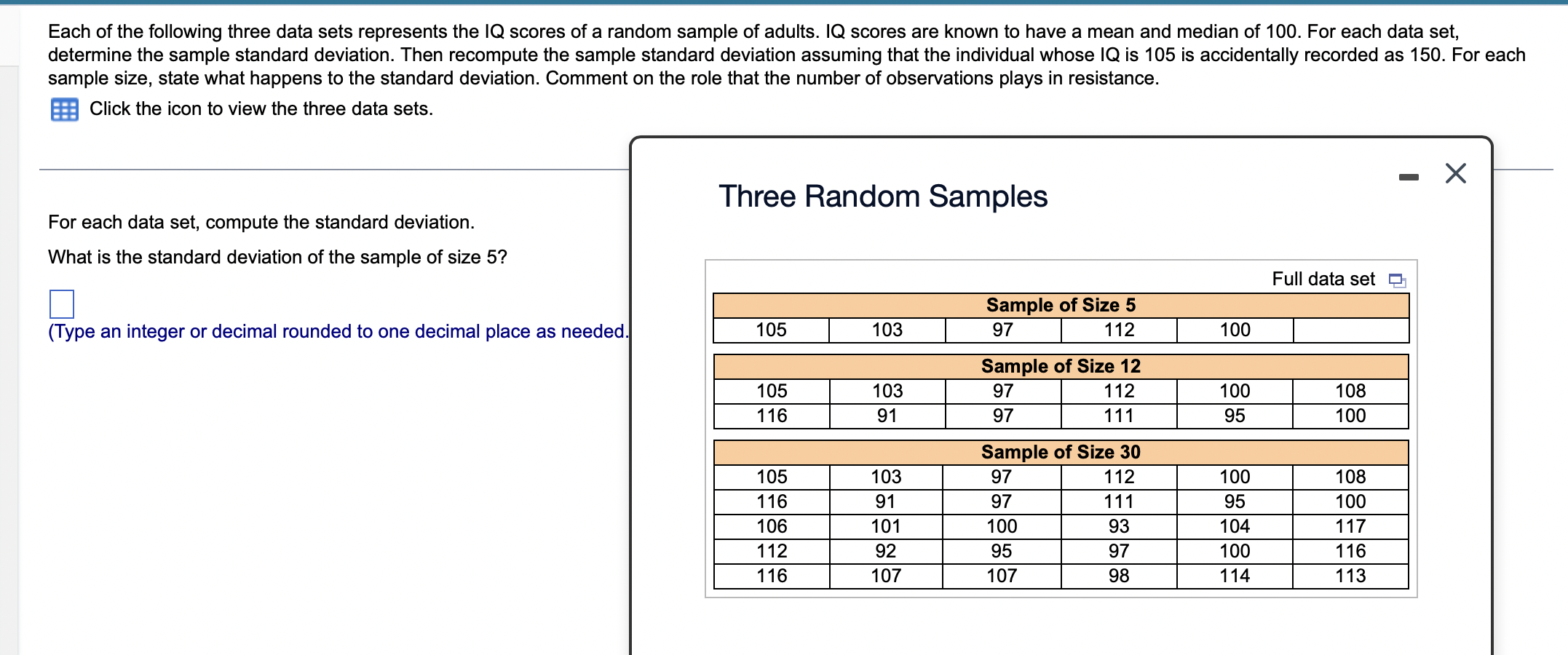Solved Each of the following three data sets represents the | Chegg.com