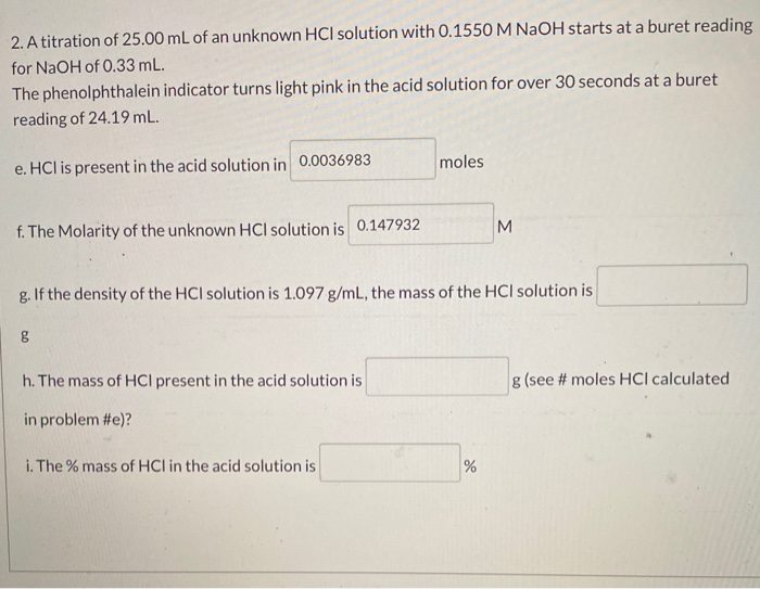 Solved 2. A titration of 25.00 mL of an unknown HCl solution | Chegg.com