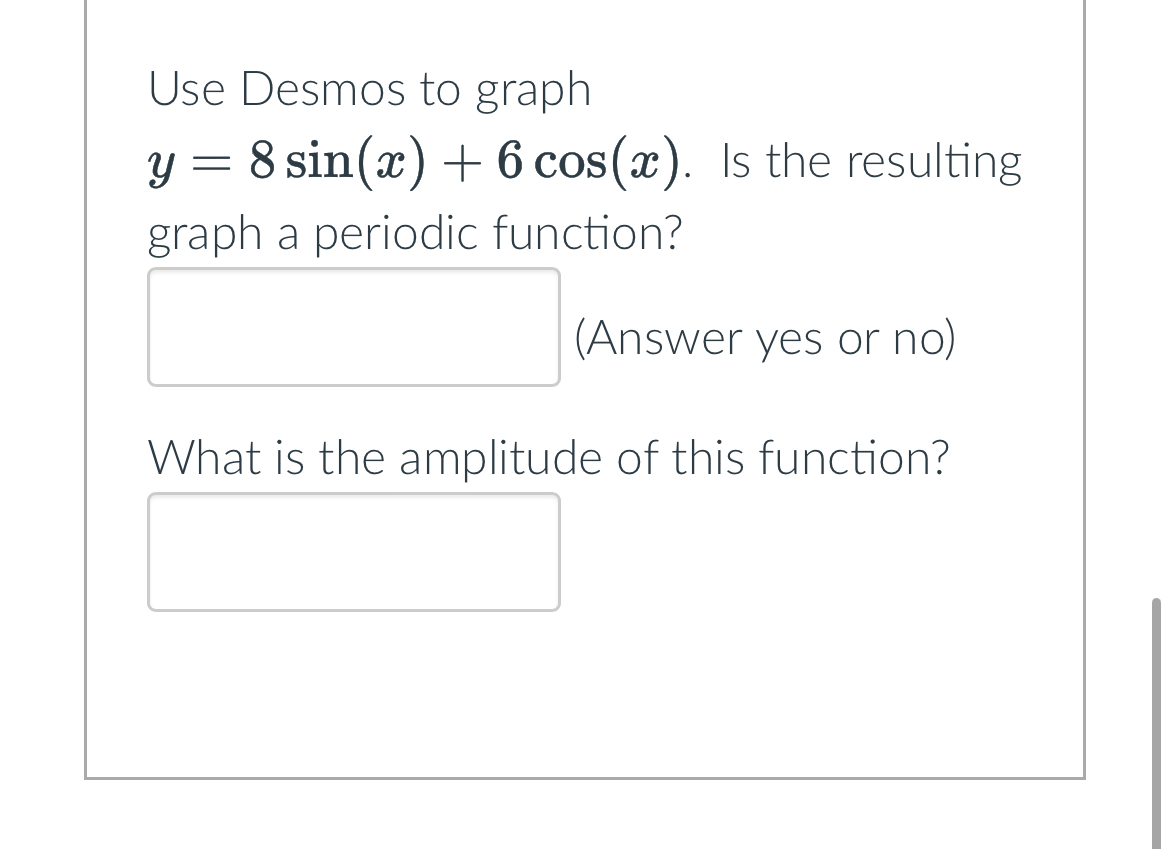 Solved Use Desmos to graphy=8sin(x)+6cos(x). ﻿Is the | Chegg.com
