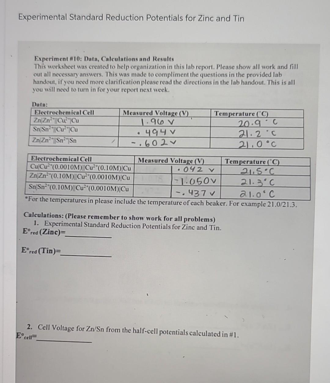 Solved Experimental Standard Reduction Potentials for Zinc | Chegg.com