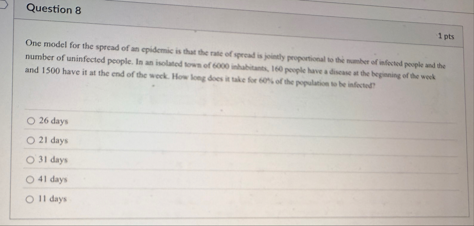 Solved Question 81 ﻿ptsOne model for the spread of an | Chegg.com
