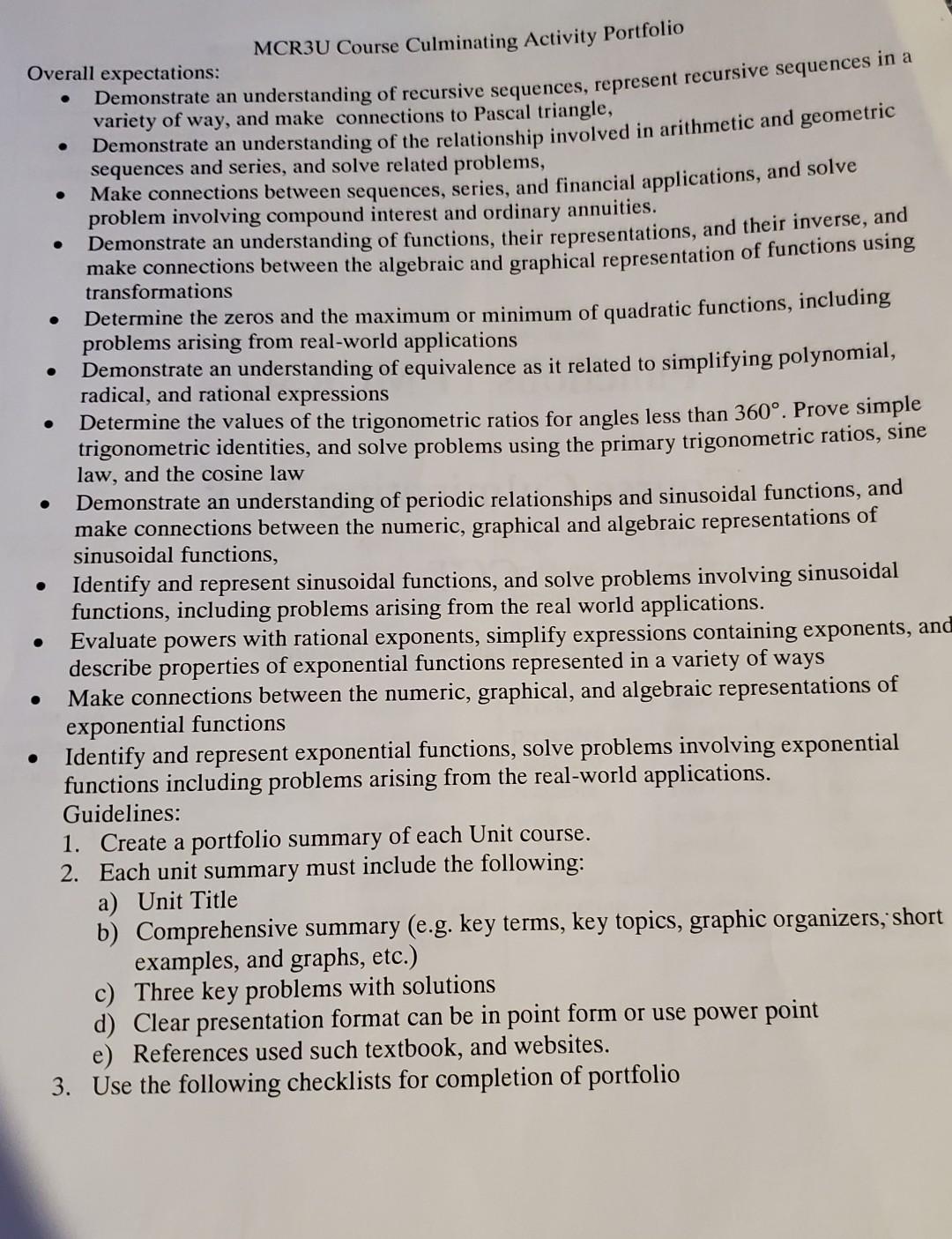 MCR3U Course Culminating Activity Portfolio Overall | Chegg.com