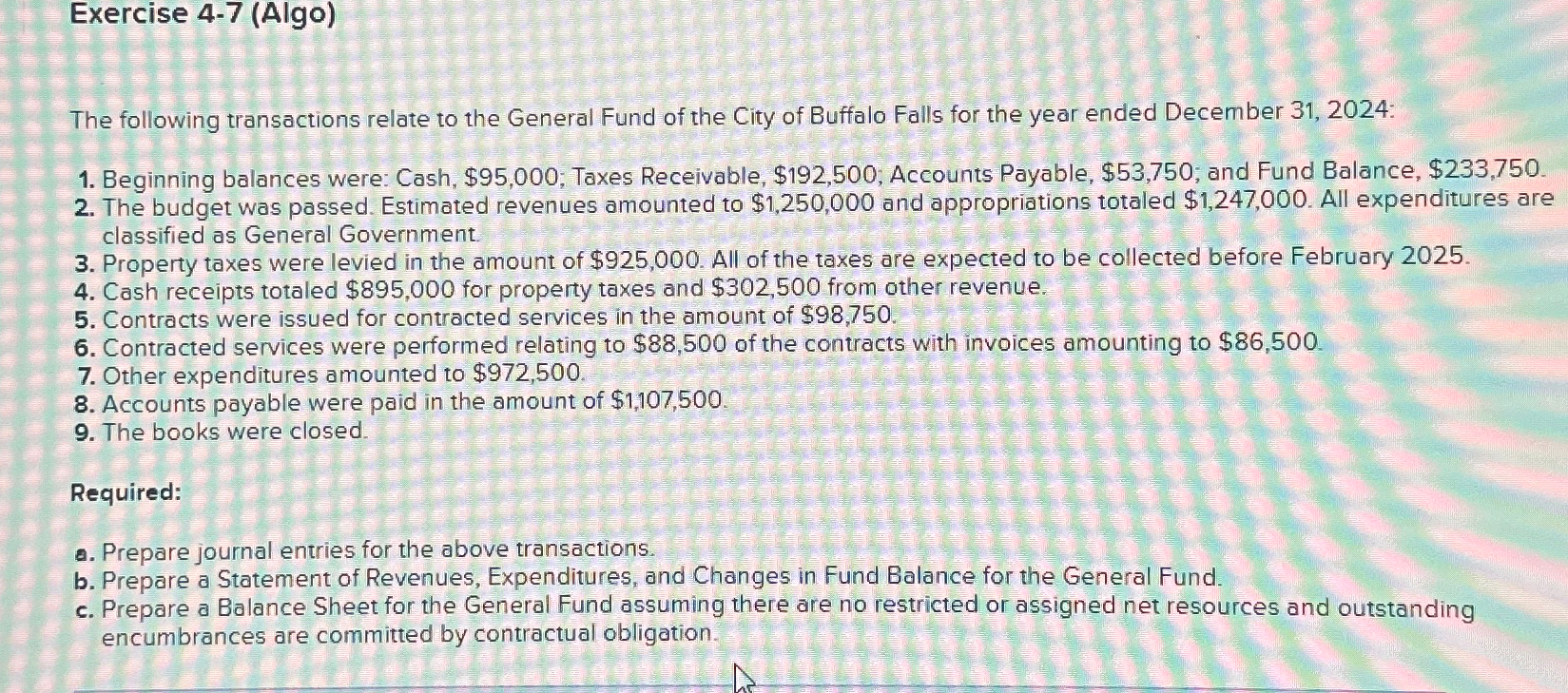 Solved Exercise 4-7 (Algo)The following transactions relate | Chegg.com