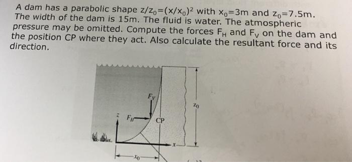 Solved A dam has a parabolic shape z/zo=(x/x.)2 with Xo=3m | Chegg.com