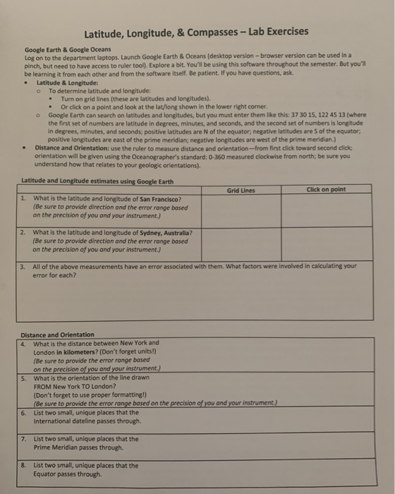 Latitude, Longitude, & Compasses-Lab Exercises O . | Chegg.com