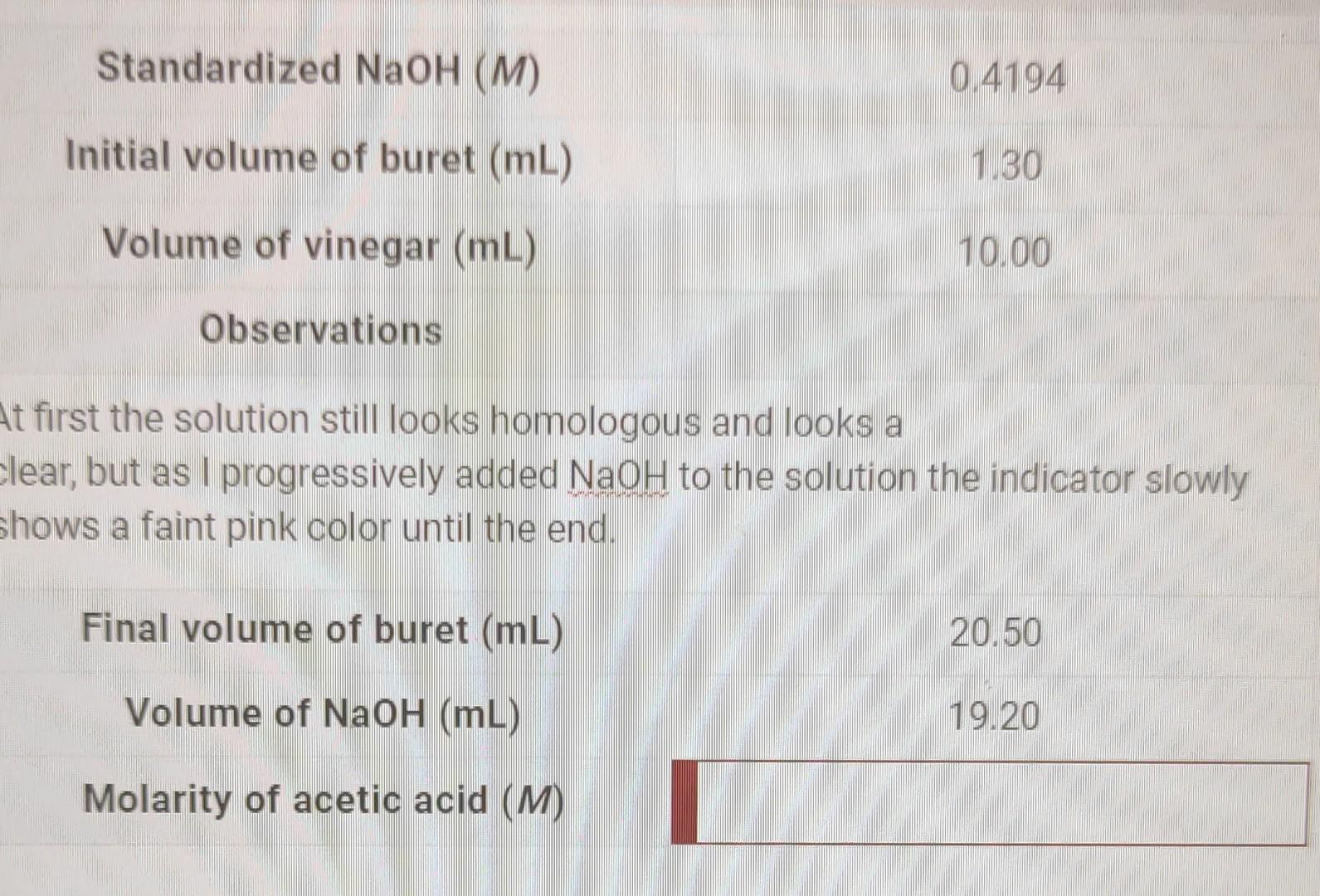 Solved Standardized NaOH (M) 0.4194 Initial volume of buret | Chegg.com