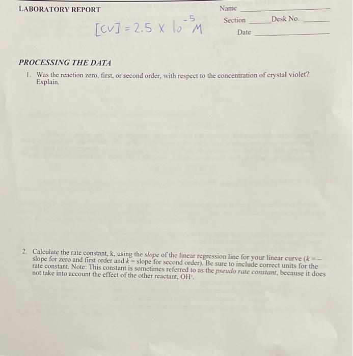 Solved LABORATORY REPORT Name Section Desk No. [cv] = 2.5 x | Chegg.com