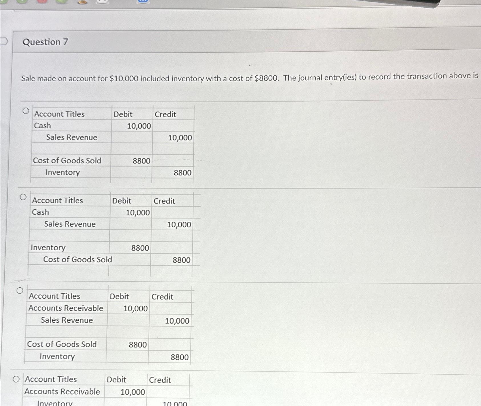 Solved Question 7Sale made on account for $10,000 ﻿included | Chegg.com