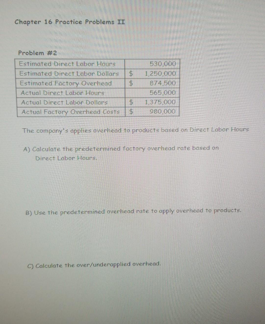 Solved Chapter 16 Practice Problems II The company's applies | Chegg.com
