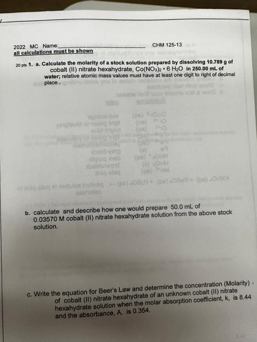 Solved 20 pts 1. a. Calculate the molarity of a stock | Chegg.com