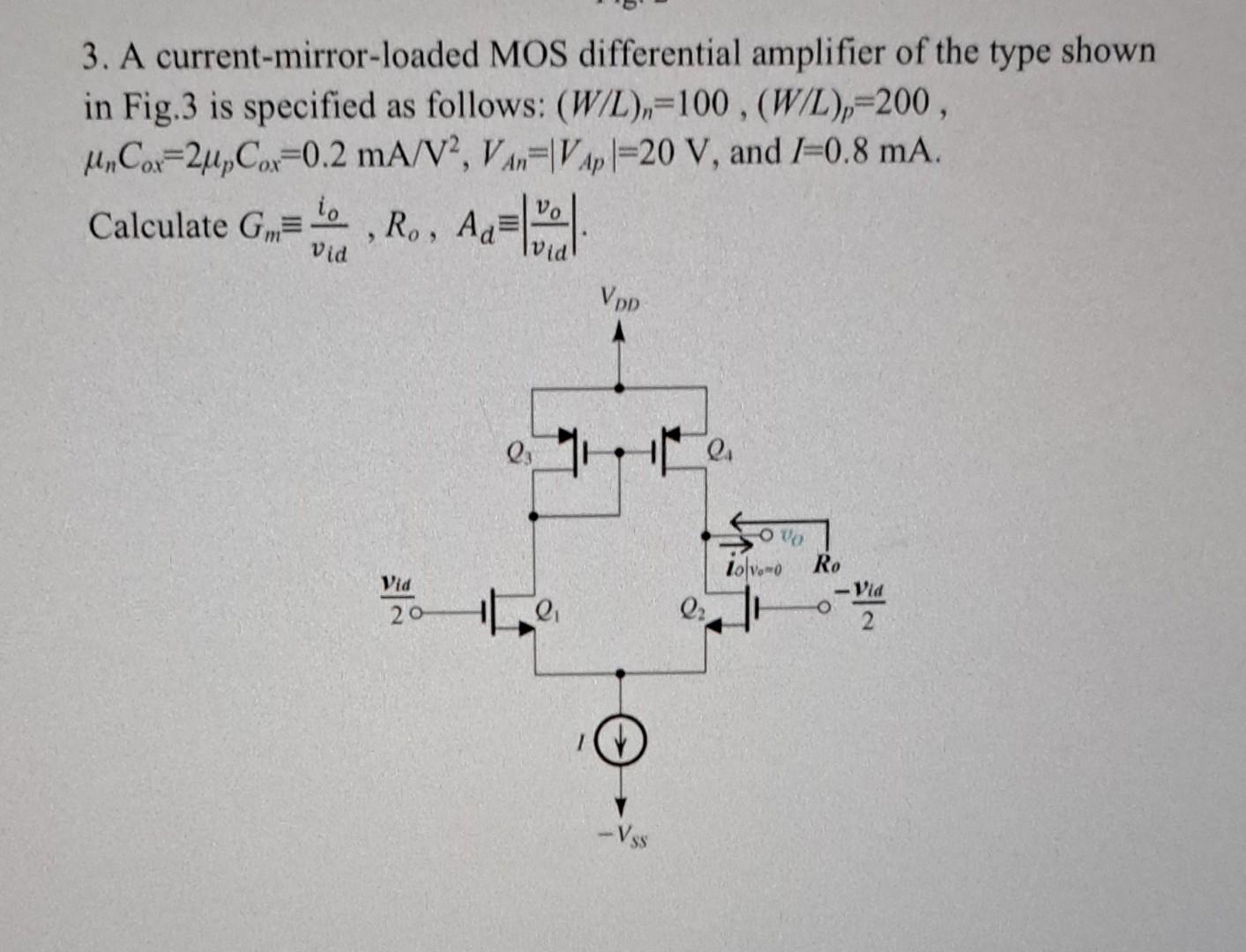 Solved 3. A current-mirror-loaded MOS differential amplifier | Chegg.com