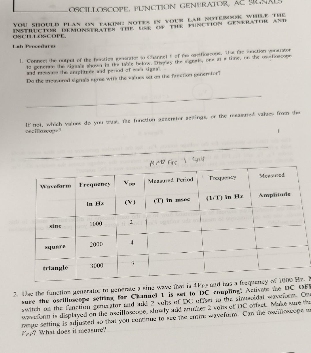 Solved OSCILLOSCOPE, FUNCTION GENERATOR, AC YOU SHOULD PLAN | Chegg.com